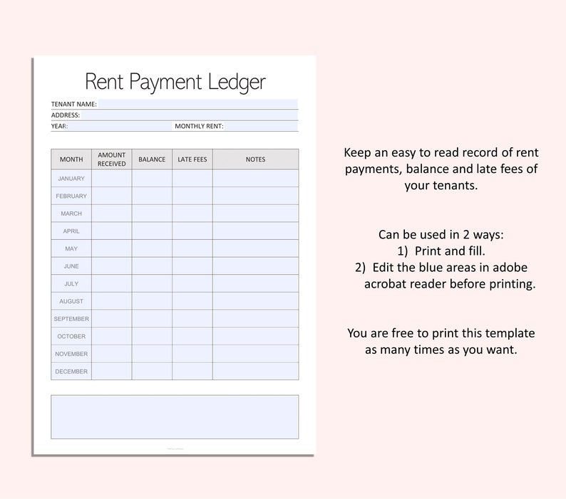 Editable Rent Payment Ledger Printable - Tenant Payment Tracker - Rent ...