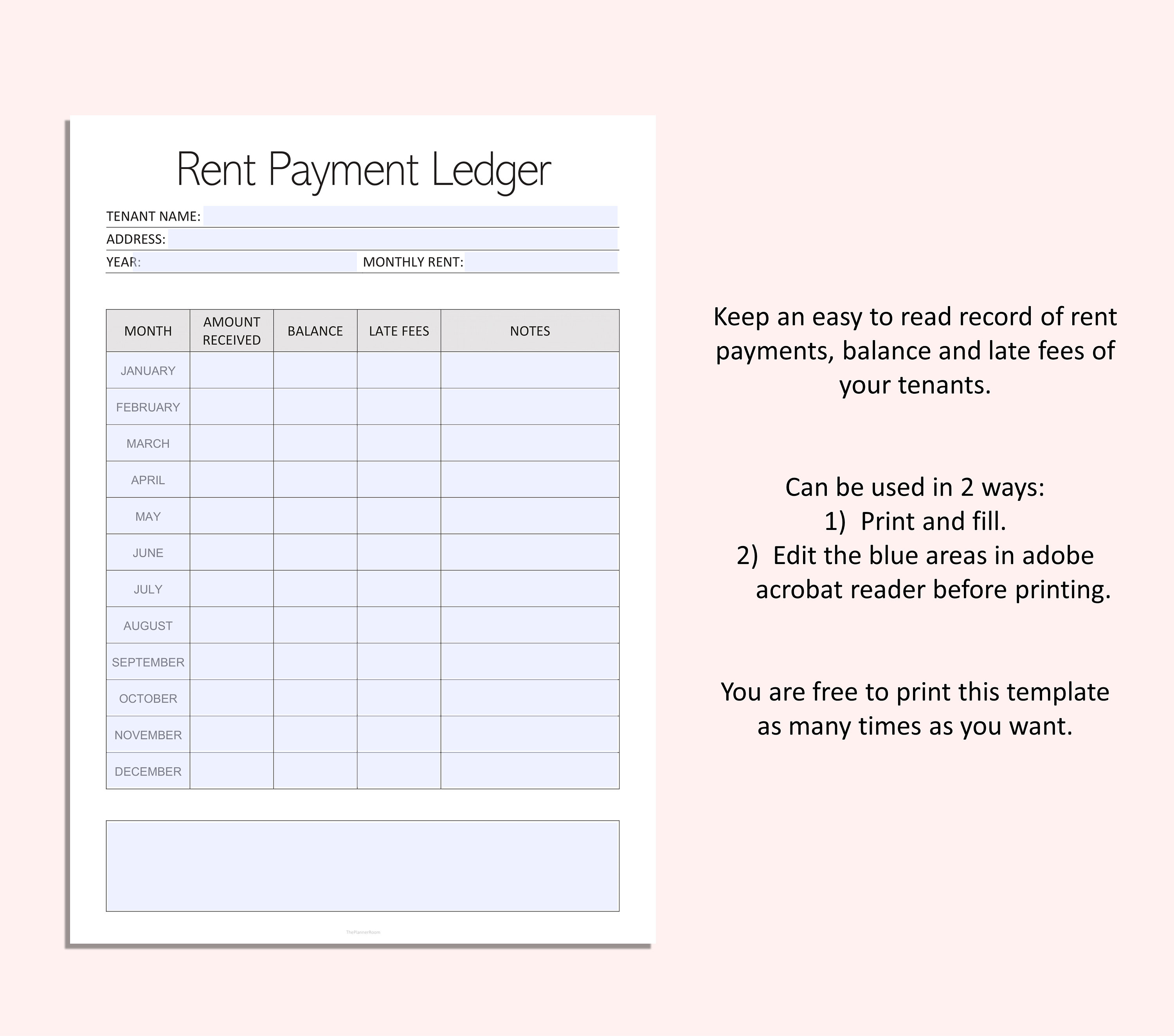 Editable Rent Payment Ledger Printable - Tenant Payment Tracker - Rent ...
