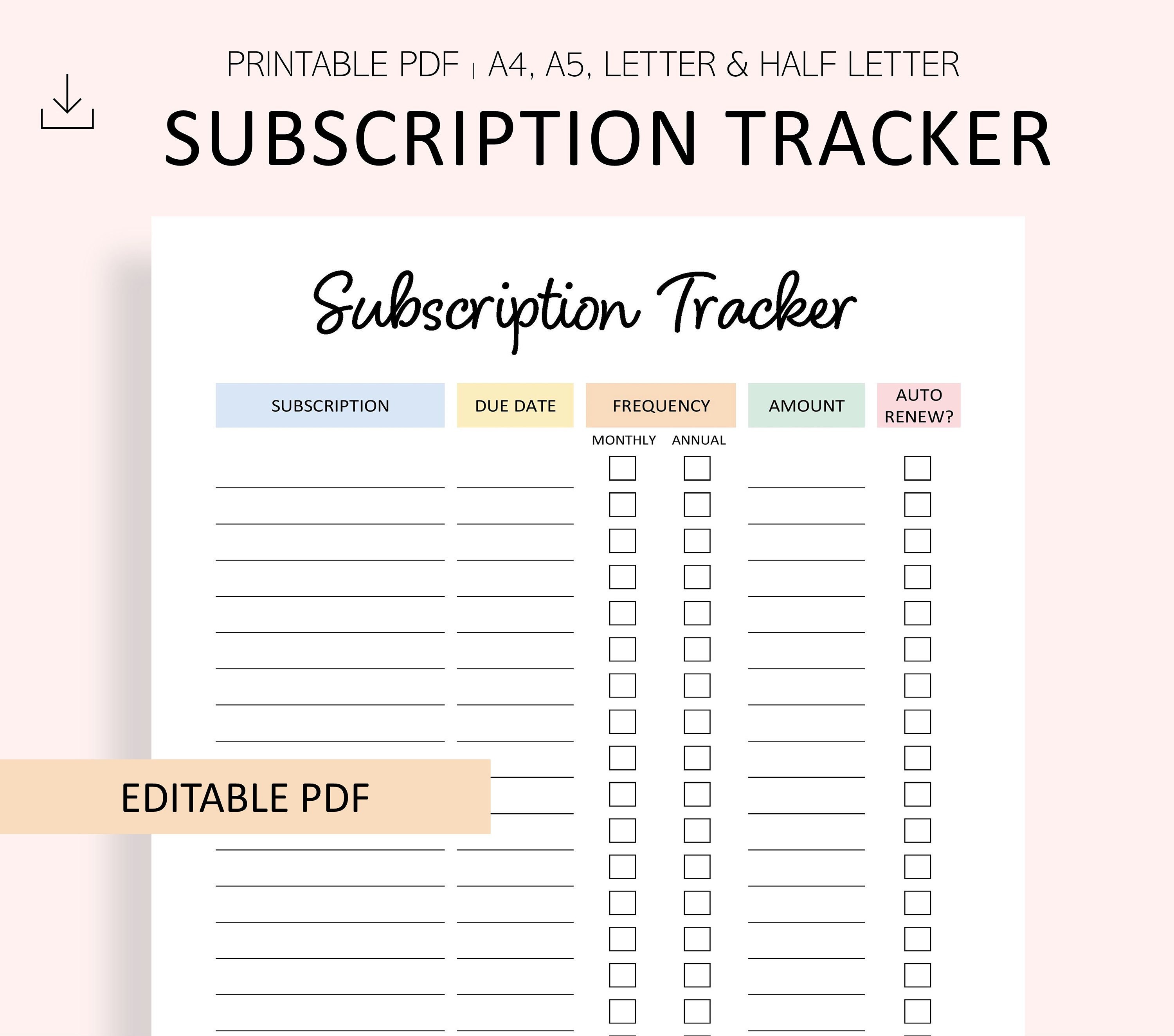 Editable Subscription Tracker Printable Subscription Log Subscription ...