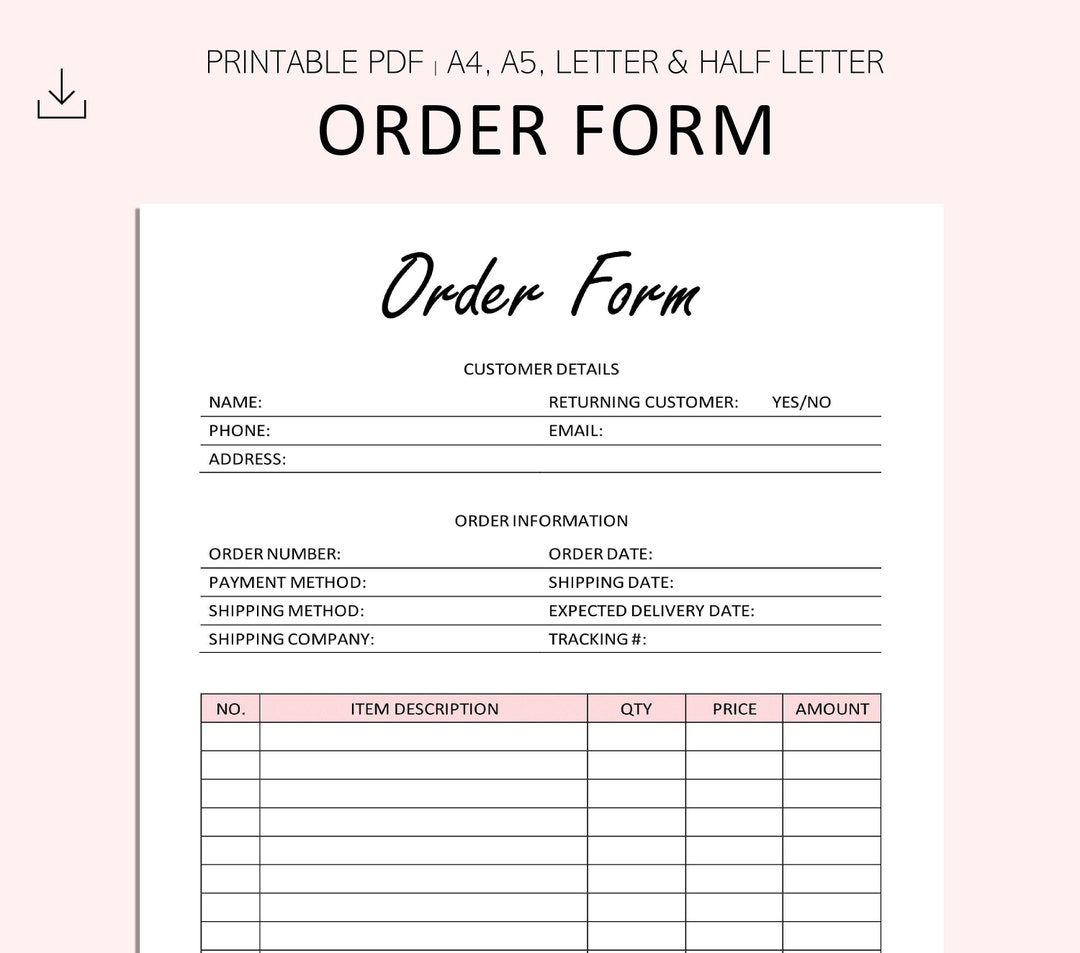 Order Form Printable Small Business PDF A4 A5 LETTER - Etsy