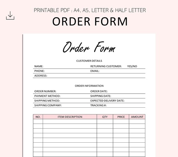 Order Form Printable Small Business PDF A4 A5 LETTER | Etsy