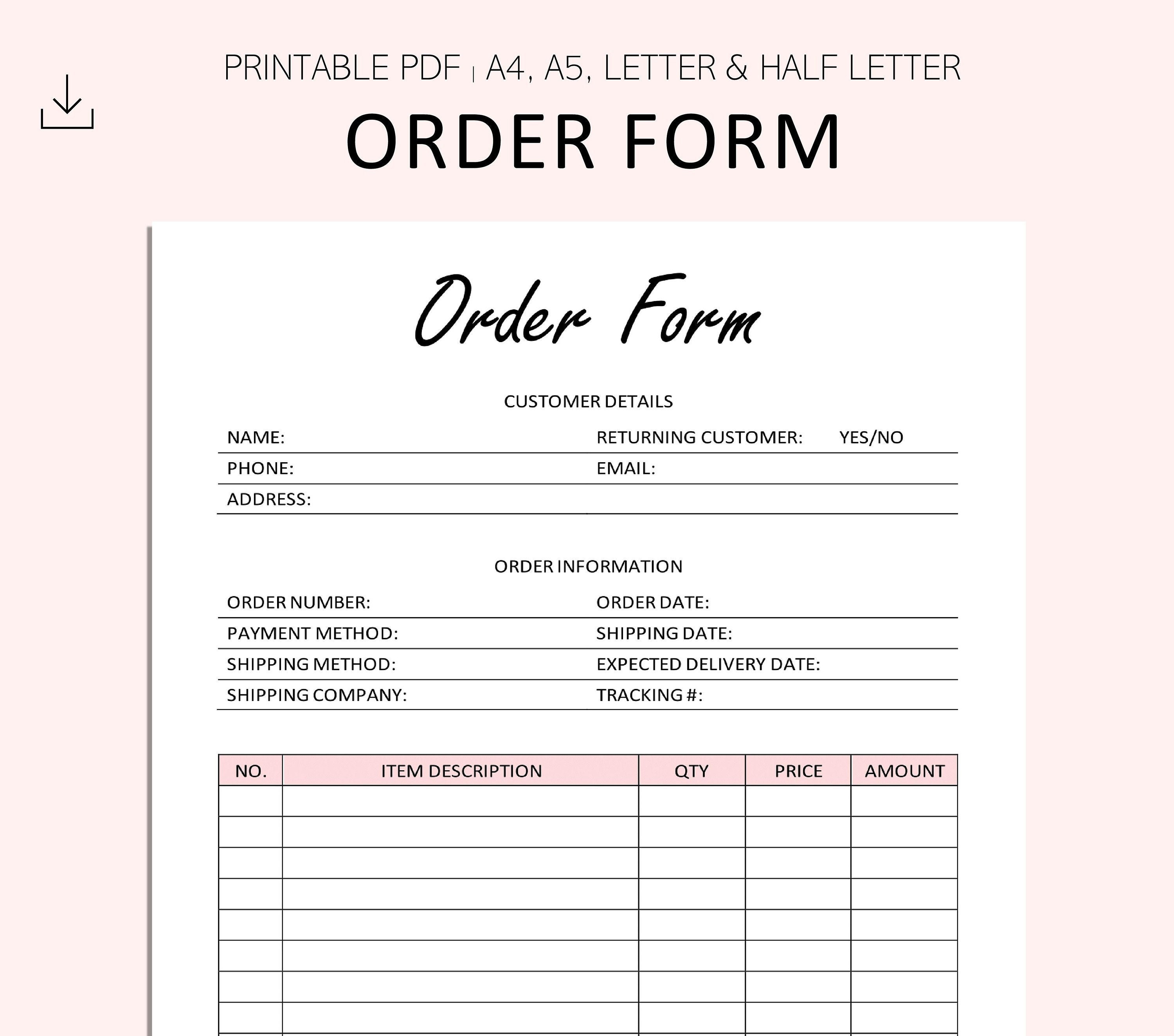 Order Form Printable Small Business PDF A4 A5 LETTER - Etsy