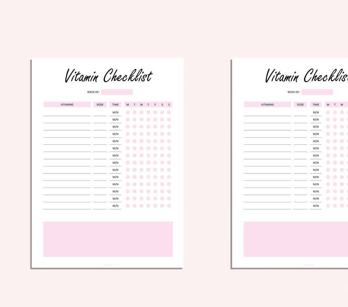 Vitamin Checklist - Vitamin Tracker - Weekly Supplement Checklist ...
