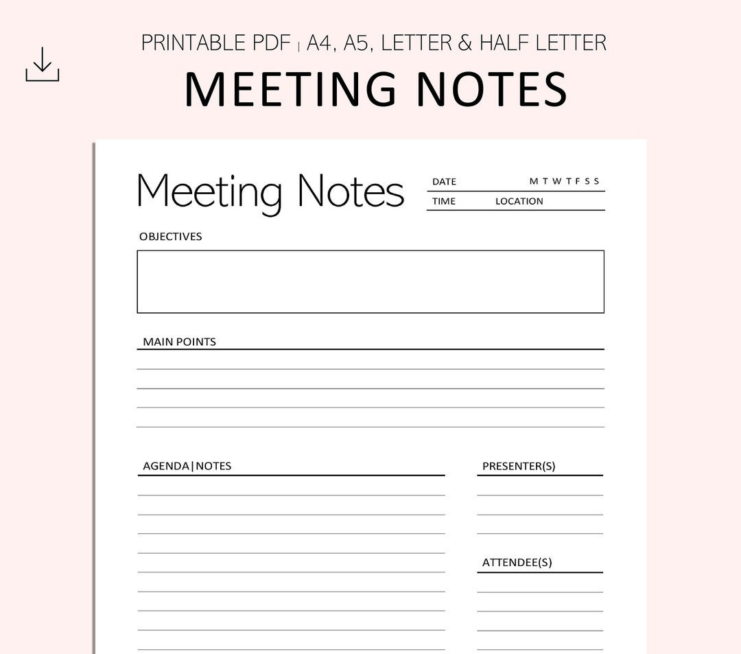 Meeting Notes Printable Work Planner Meeting Agenda Record Work Notes ...