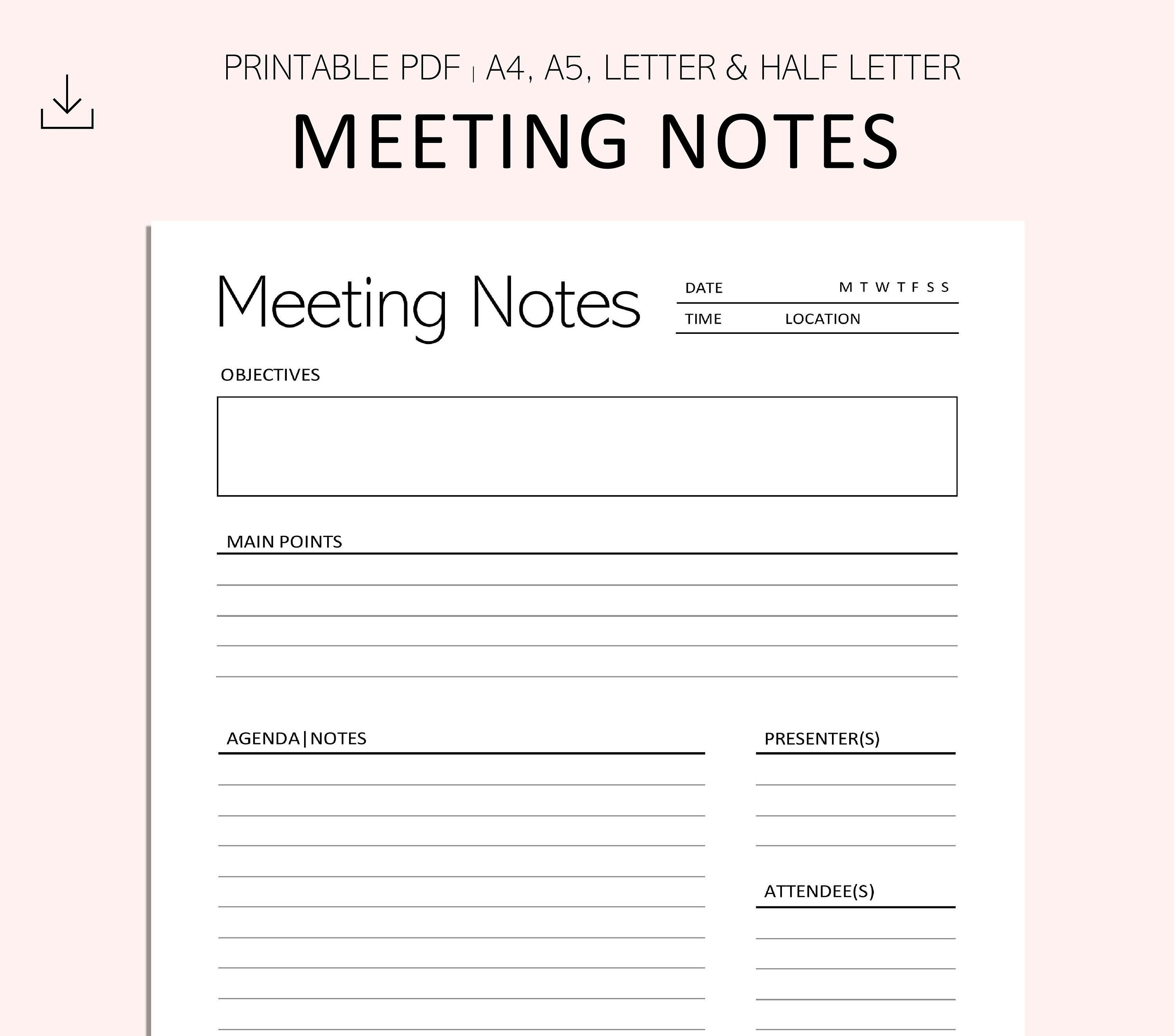 Meeting Notes Printable Work Planner Meeting Agenda Record Work Notes ...