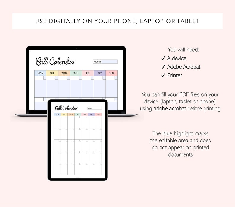Editable Bill Calendar Bill List Monthly Bill Dates Expense Calendar ...
