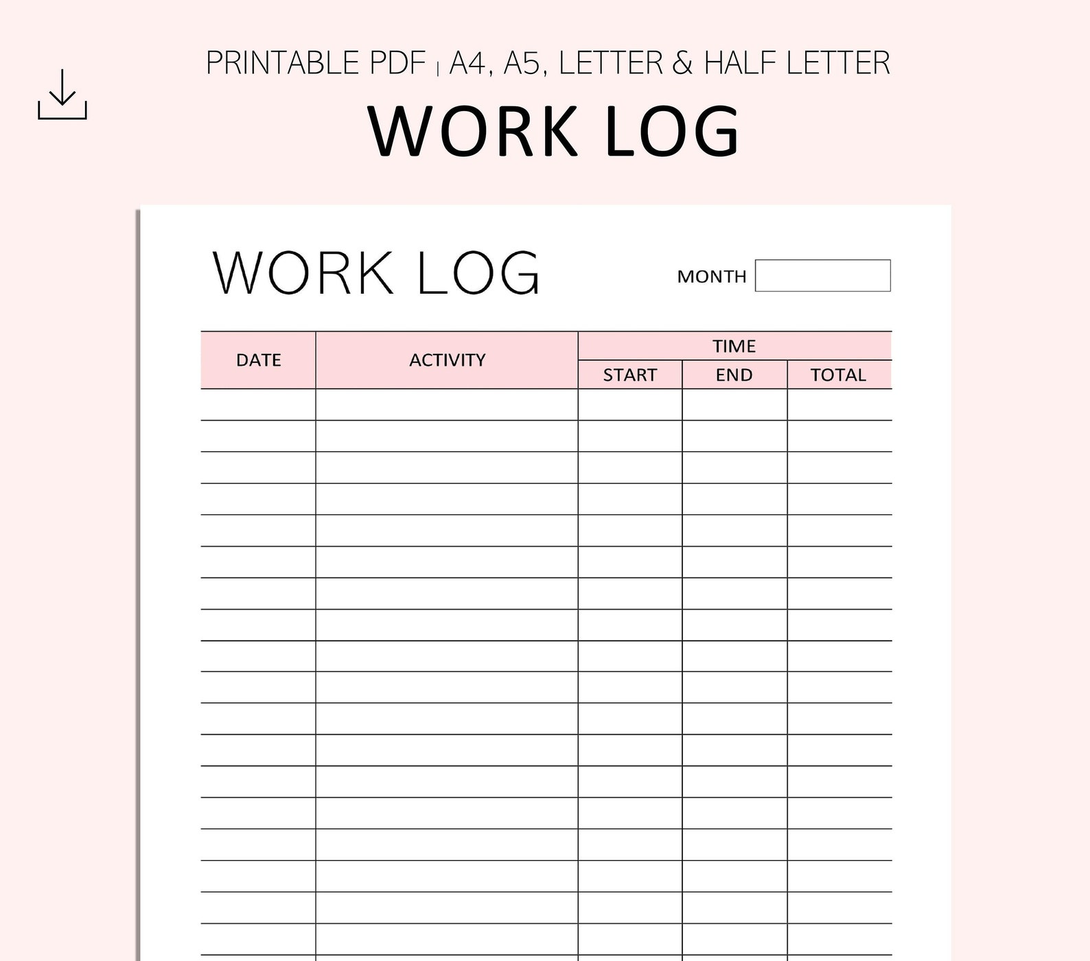Work Log Printable - Time Spent Tracker - Time Log - Working Hours ...