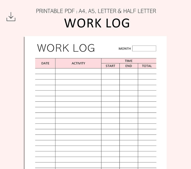 Work Log Printable - Time Spent Tracker - Time Log - Working Hours ...