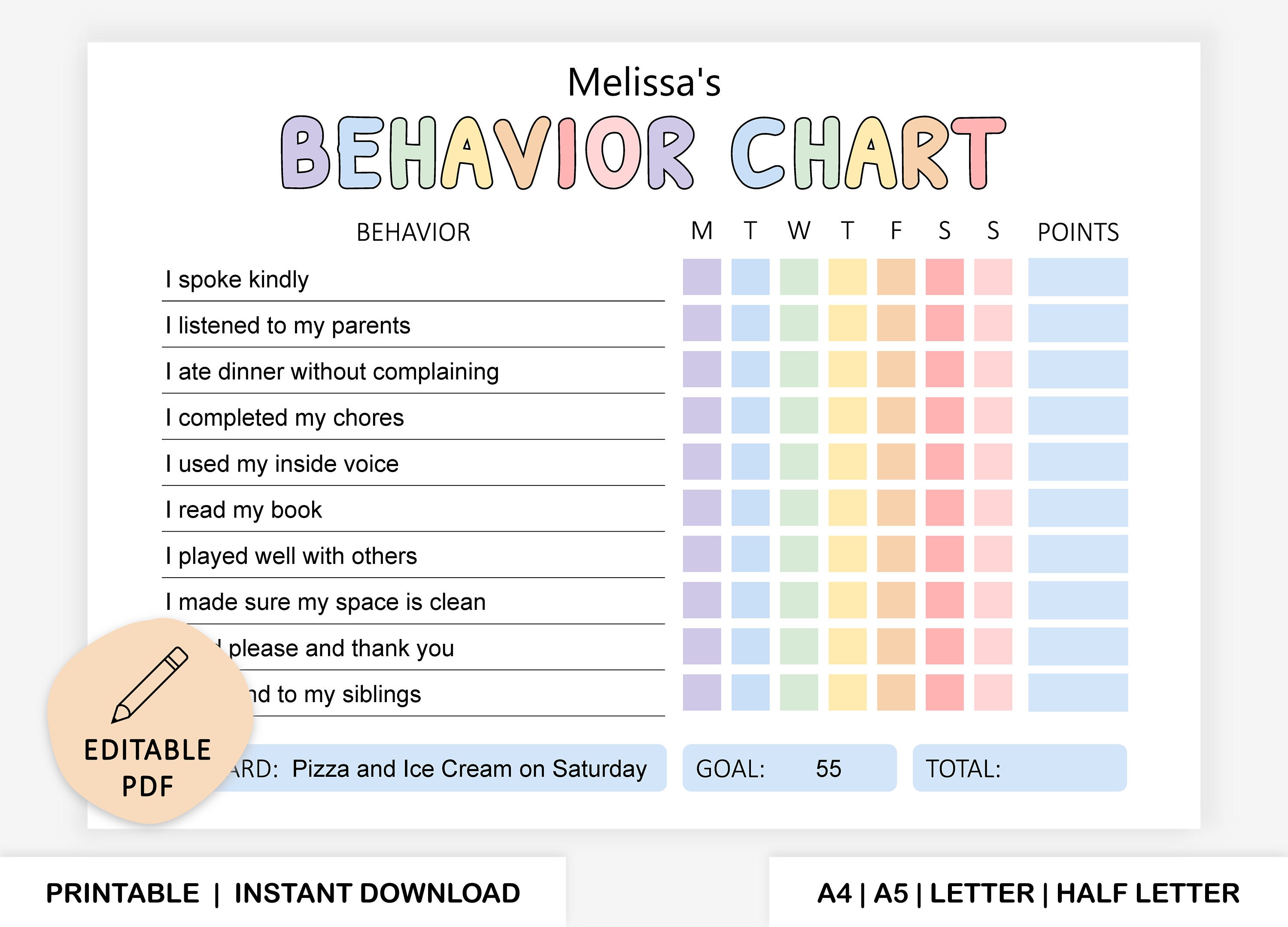 Behavior Chart - Children Behavior Tracker - Children Behavior Points ...