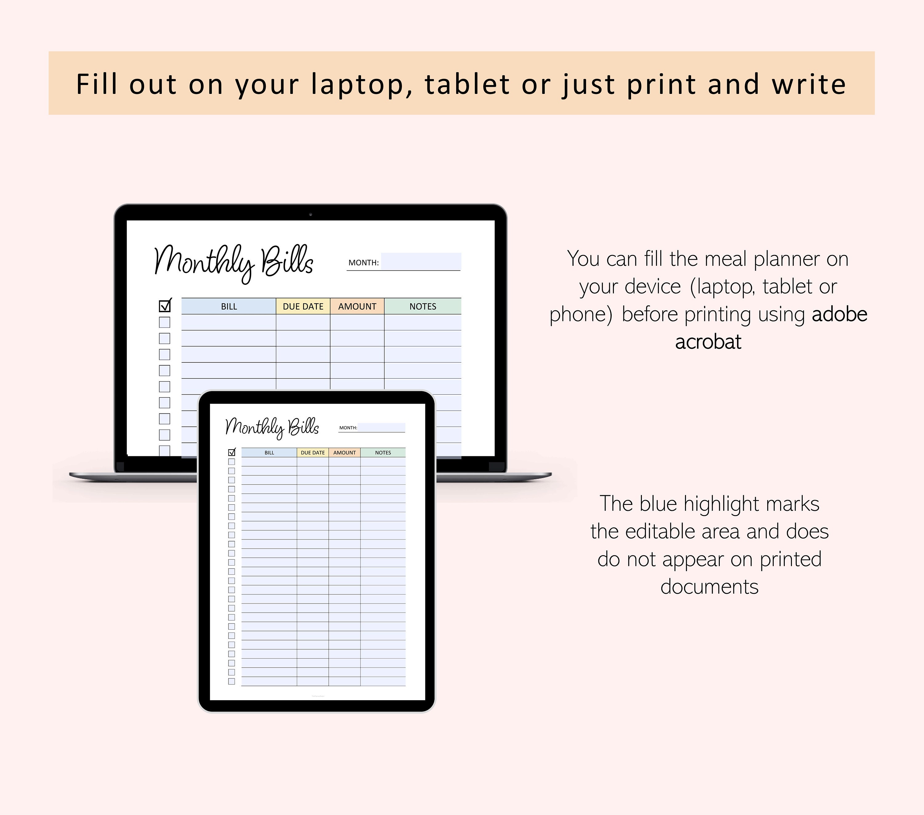 Monthly Bill Tracker Printable -editable Payment Tracker - Bill Log ...