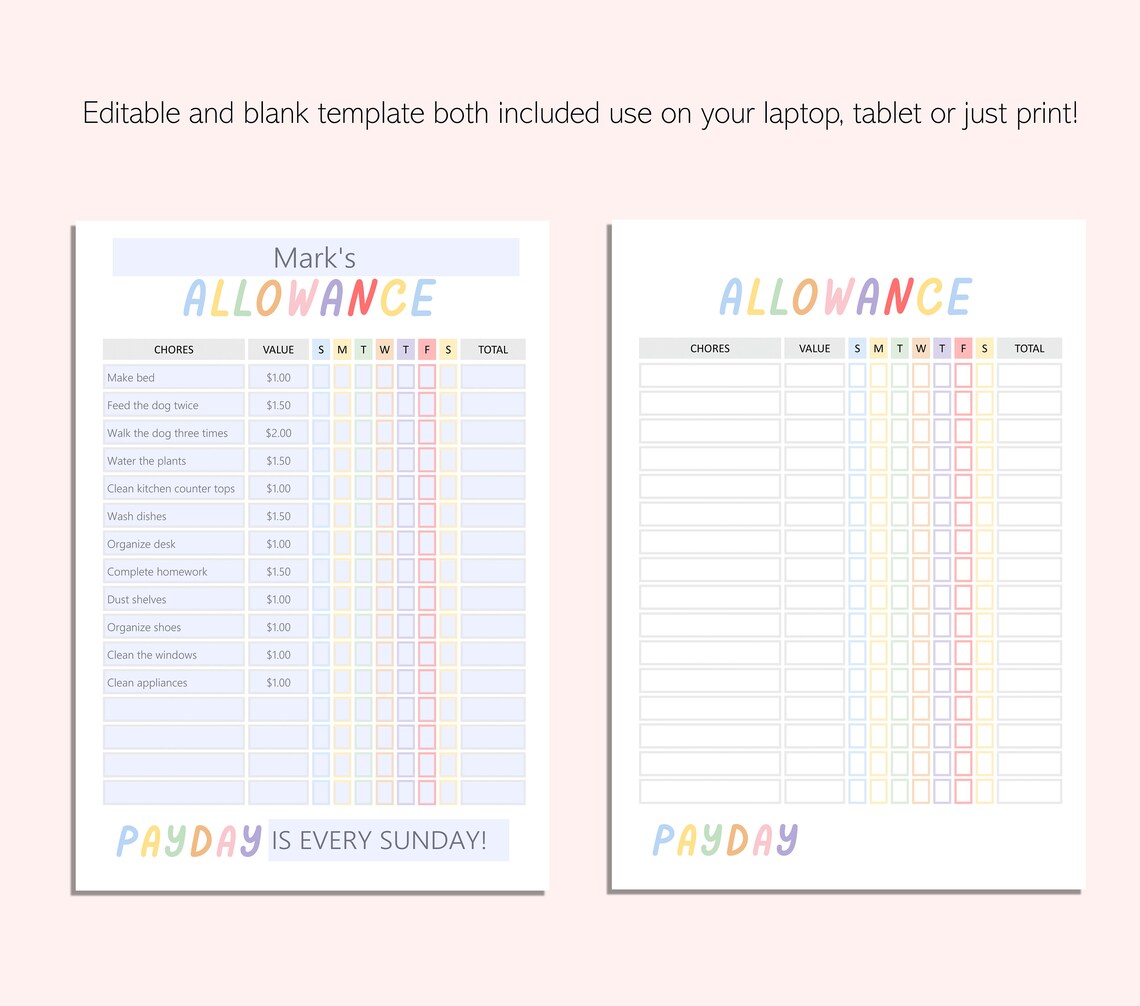 Editable Weekly Allowance Tracker Kids Chore Chart Earn - Etsy