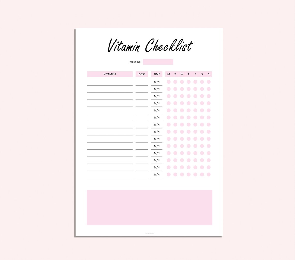 Vitamin Checklist - Vitamin Tracker - Weekly Supplement Checklist ...