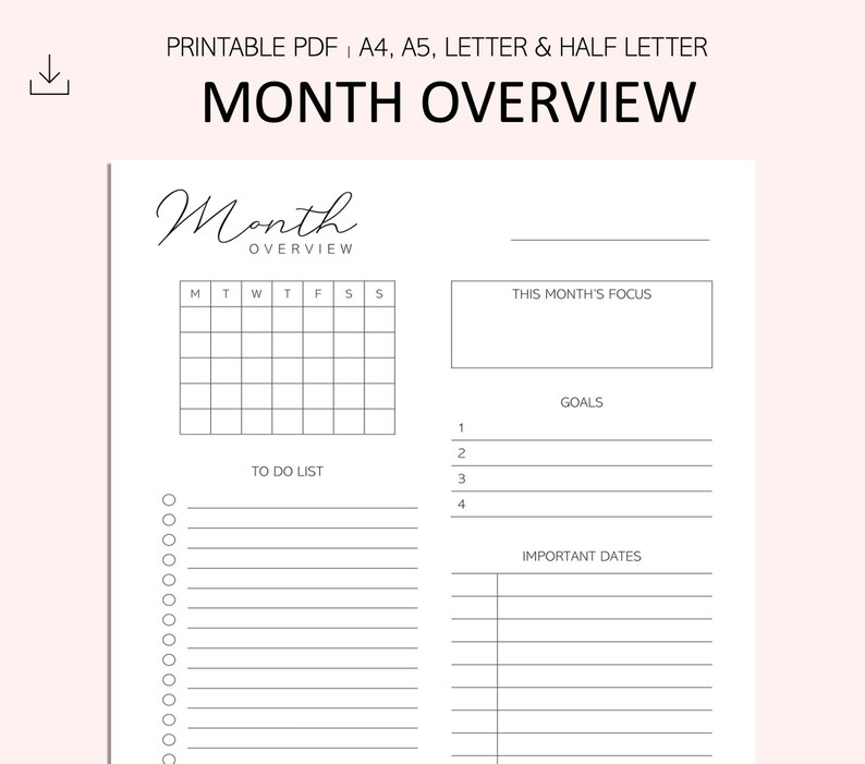Month Overview Month Planner Month Printable PDF A4 A5 LETTER - Etsy