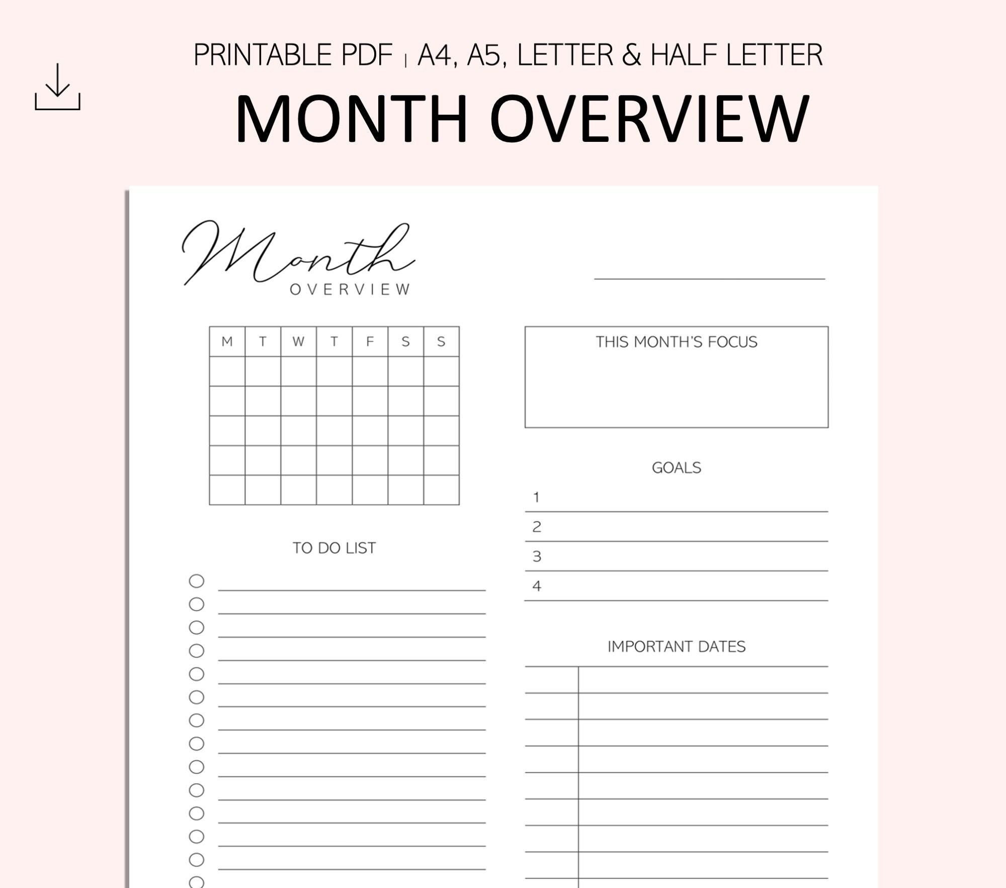 Month Overview Month Planner Month Printable PDF A4 A5 LETTER - Etsy