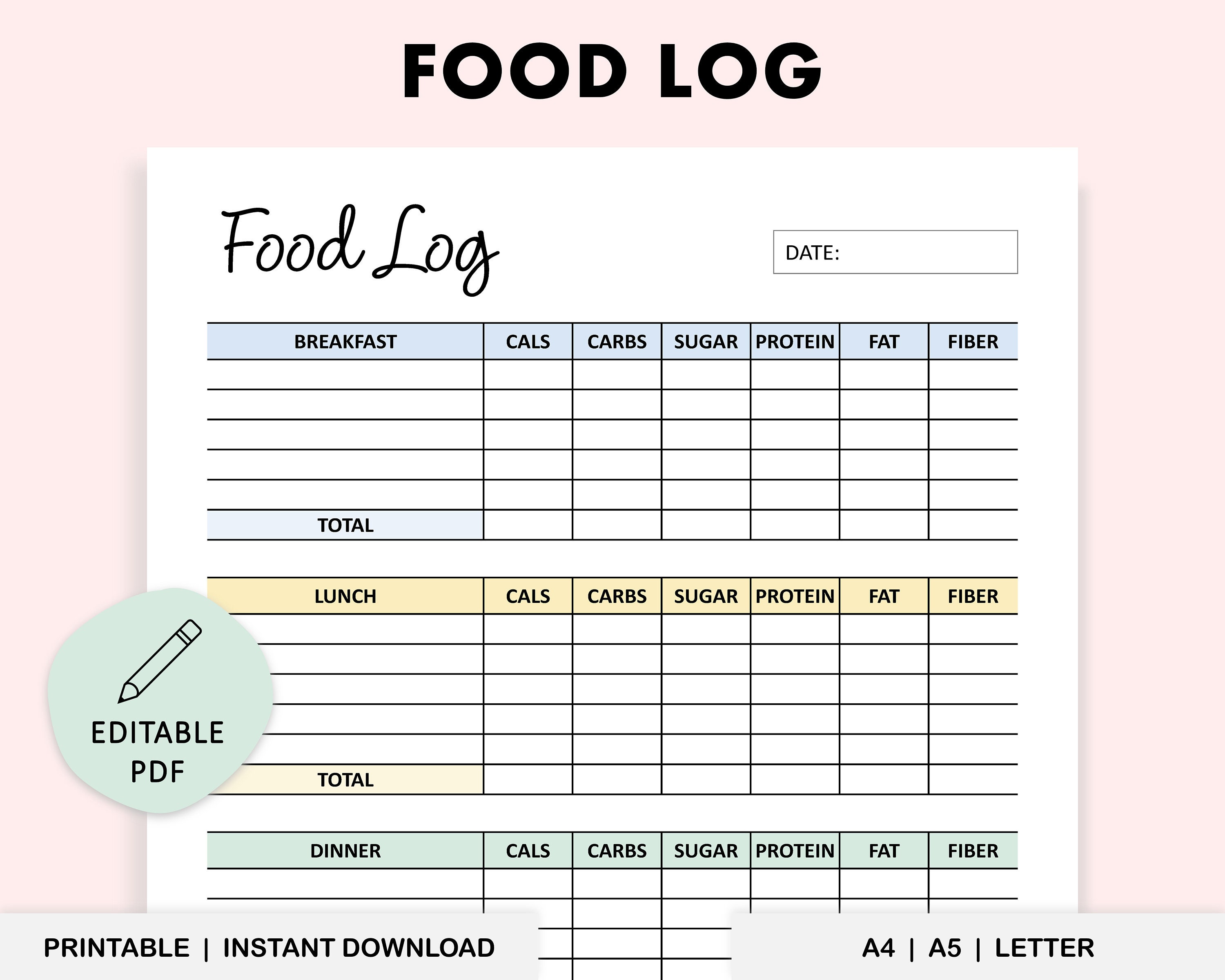 Editable Food Log Printable Calories Log Calorie Tracker Meal Log Food ...