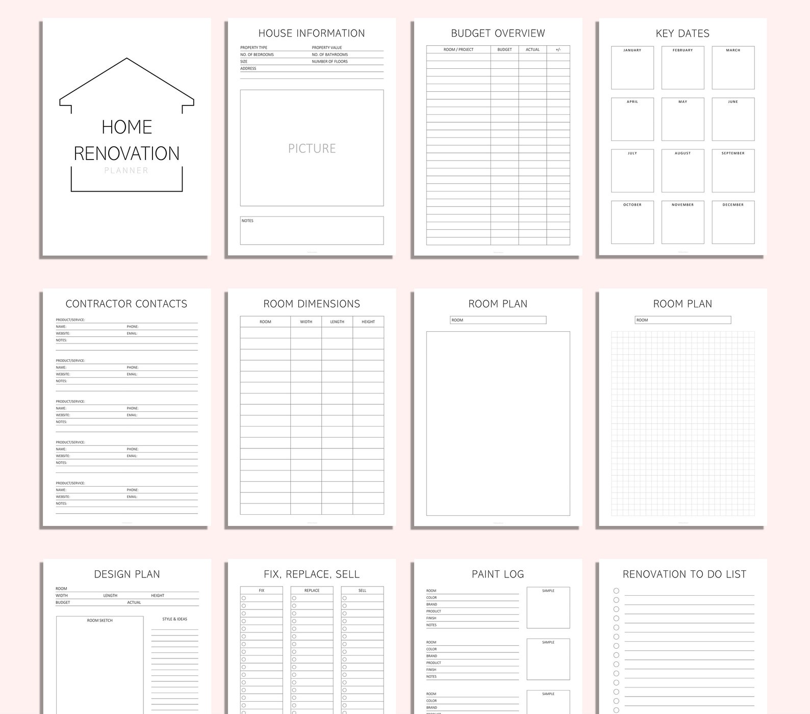 Home Renovation Planner - Home Improvement Printables - Home Project ...