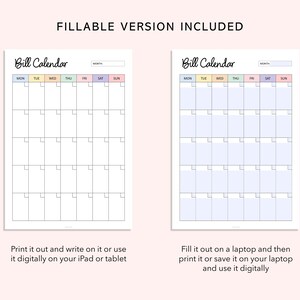 Editable Bill Calendar Bill List Monthly Bill Dates Expense Calendar ...