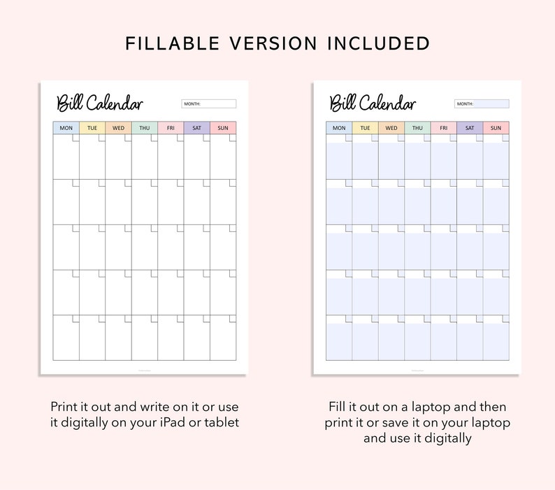 Editable Bill Calendar Bill List Monthly Bill Dates Expense Calendar ...
