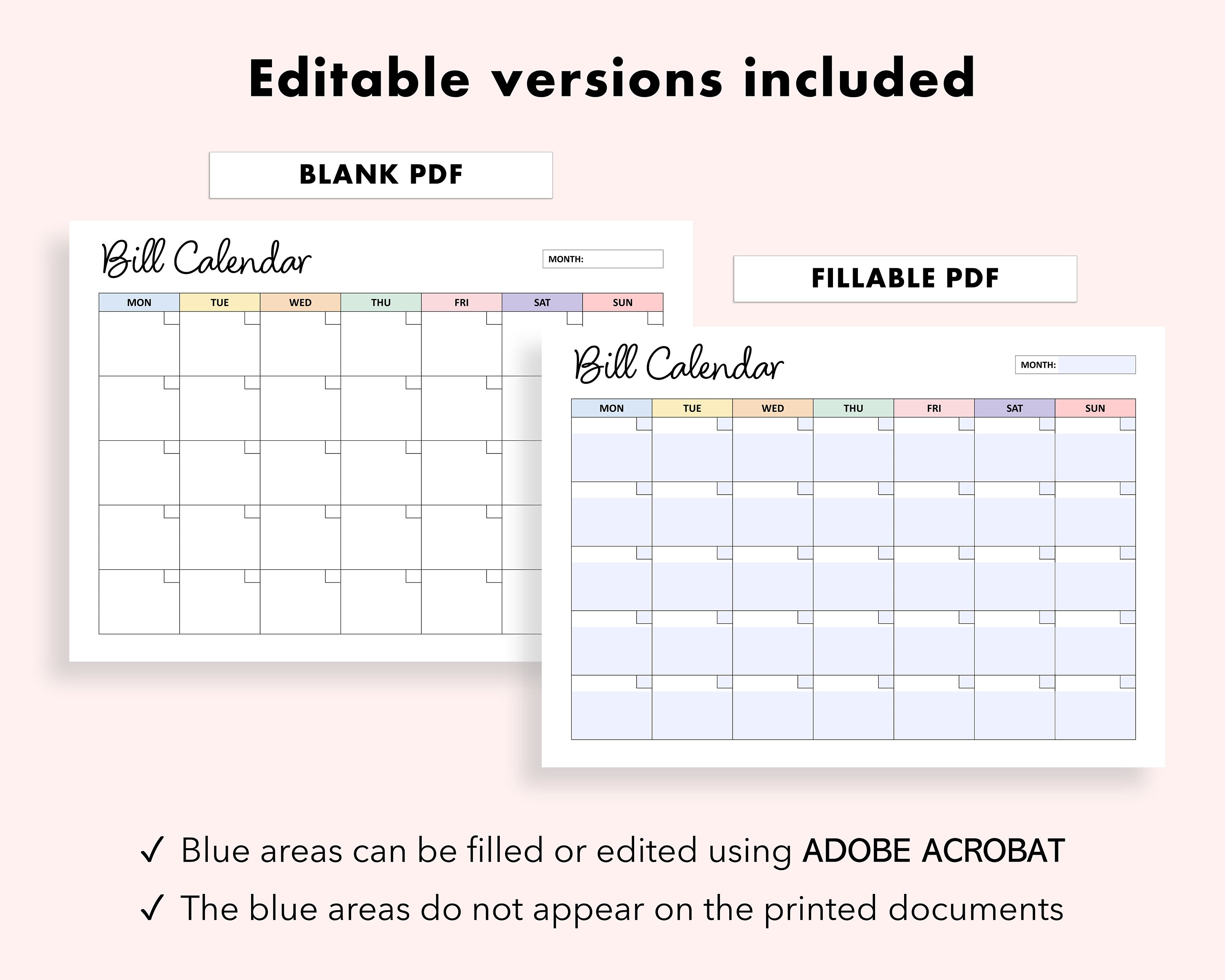 Horizontal Editable Bill Calendar Planner Editable Bill Tracker ...