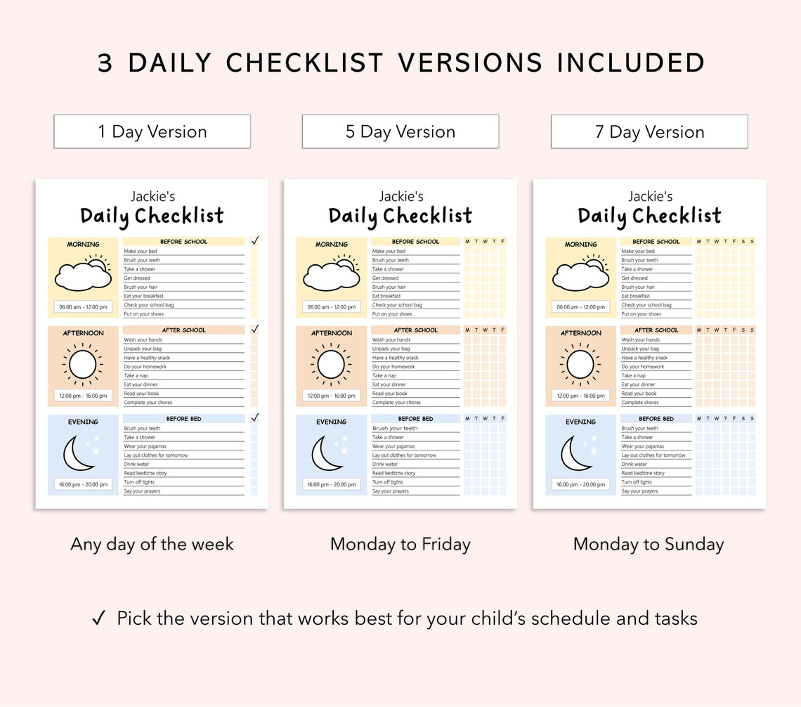 Editable Children's Daily Checklist School Day Checklist Responsibility ...