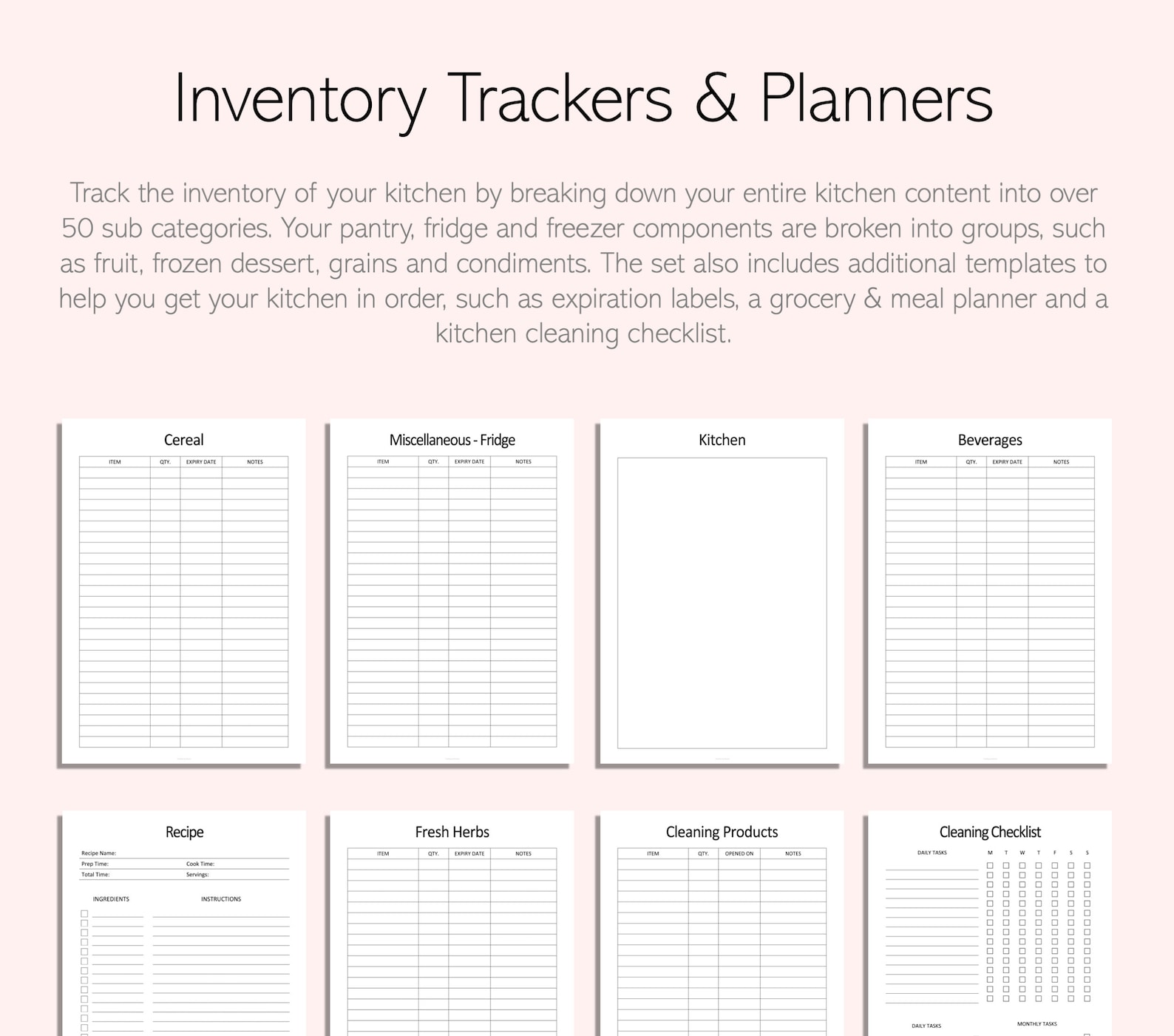 Kitchen Inventory Printable Set Food Tracker Kitchen Organizer Food ...