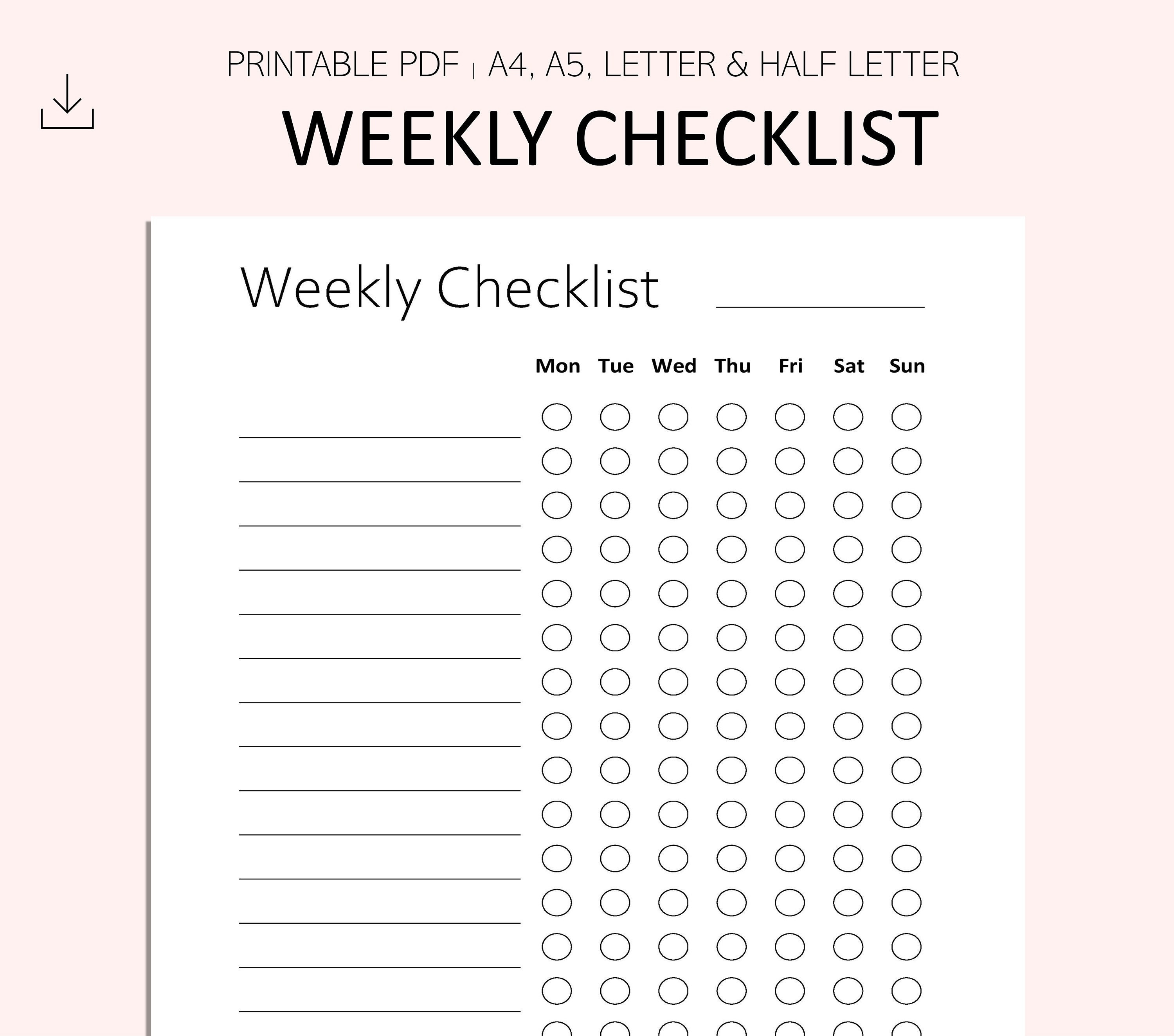 Weekly Checklist Printable Week to Do List Weekly Task - Etsy