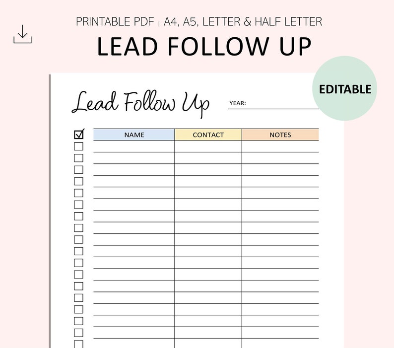 Leads Follow Ups List Printable -editable Leads Tracker - Business Sale ...