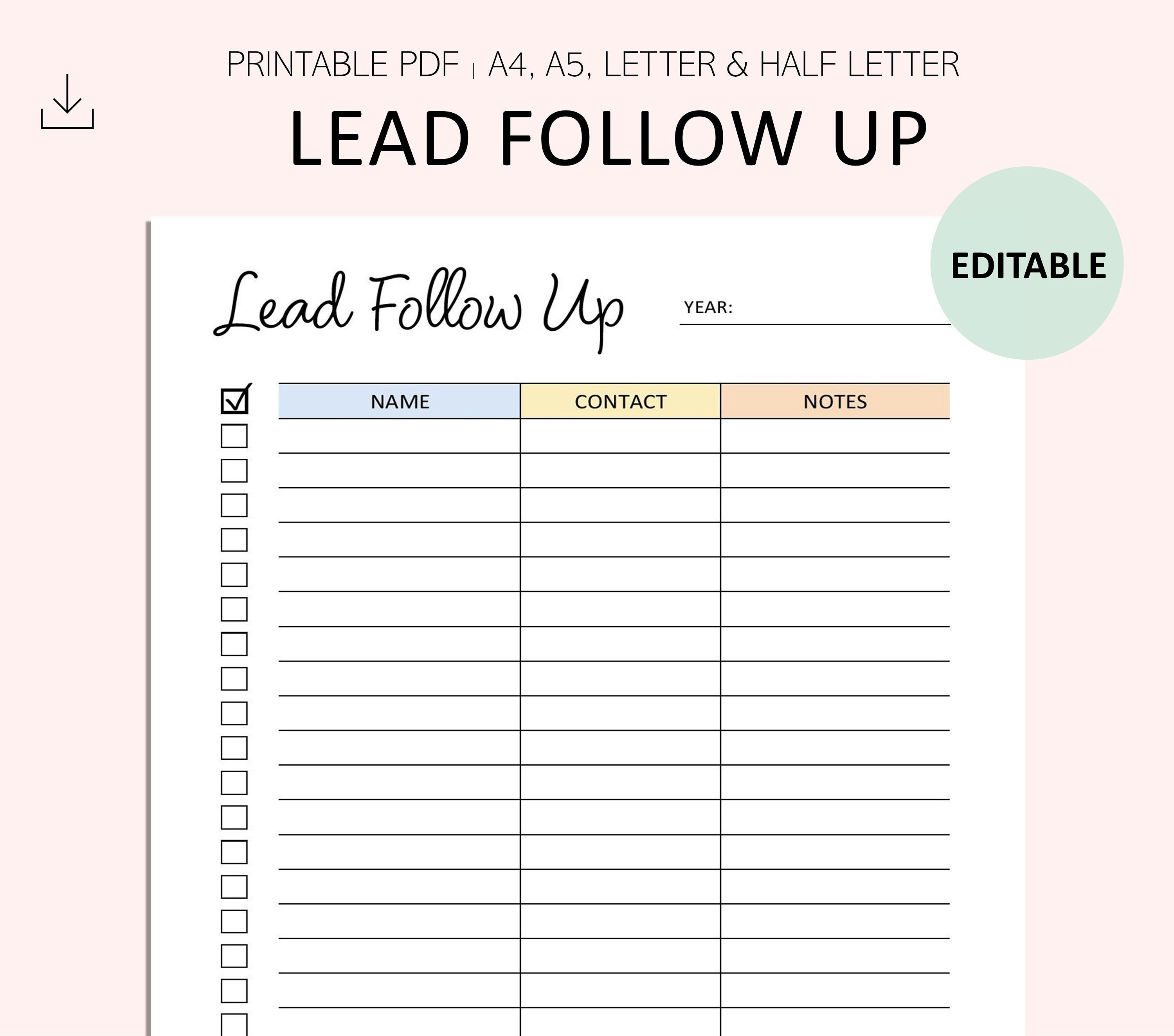 Leads Follow Ups List Printable -editable Leads Tracker - Business Sale Generating - Customer ...