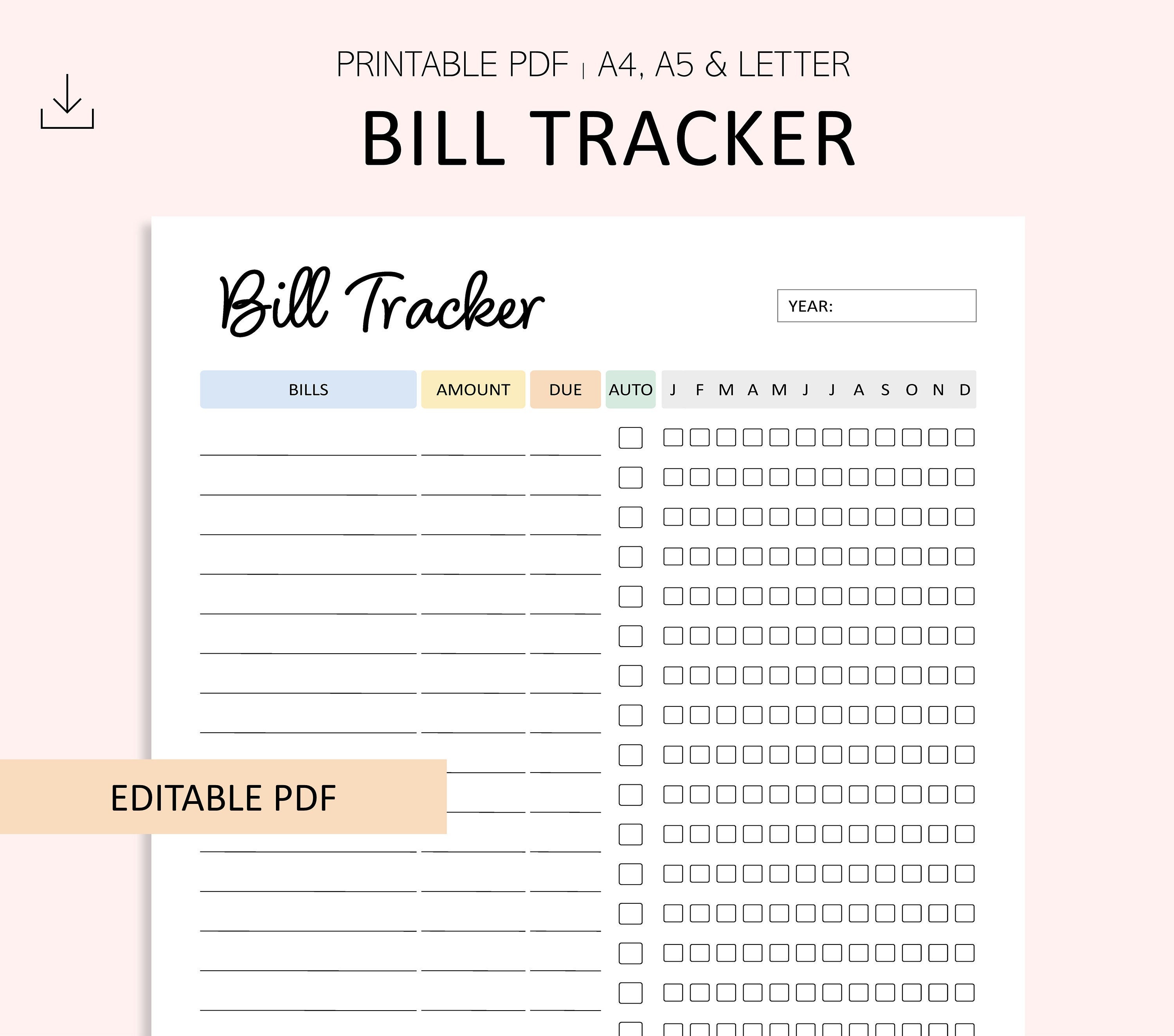 Editable Bill Tracker Tracker Bill Checklist Annual Bill - Etsy