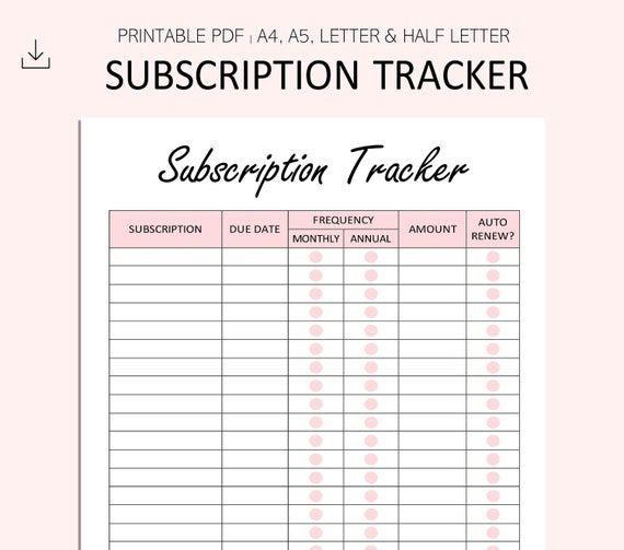 Subscription Tracker Printable Subscription Log Expense - Etsy
