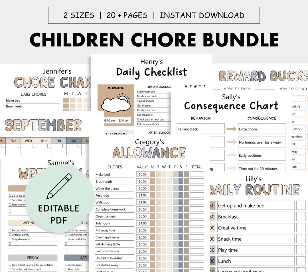 Editable Children's Chore Bundle Kids Chore Printables Chore Charts ...