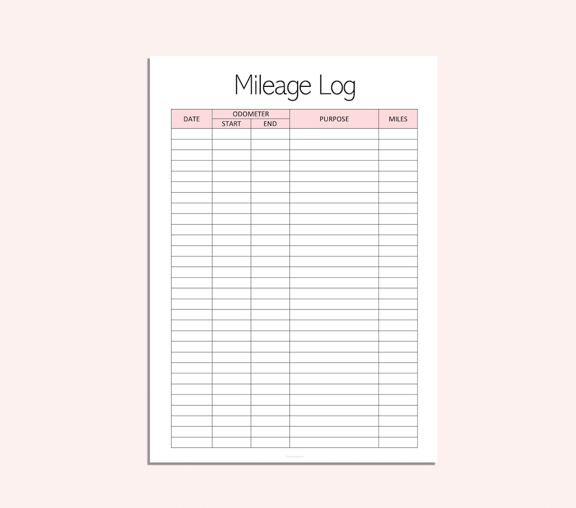 Mileage Log Printable - Vehicle Miles Travelled Tracker - Mileage ...