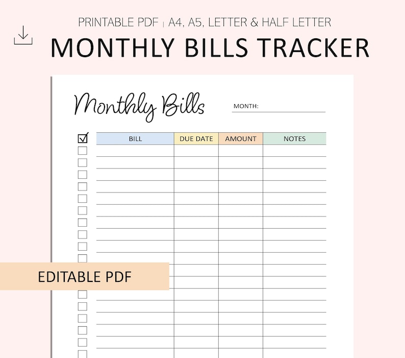 Monthly Bill Tracker Printable -editable Payment Tracker - Bill Log ...
