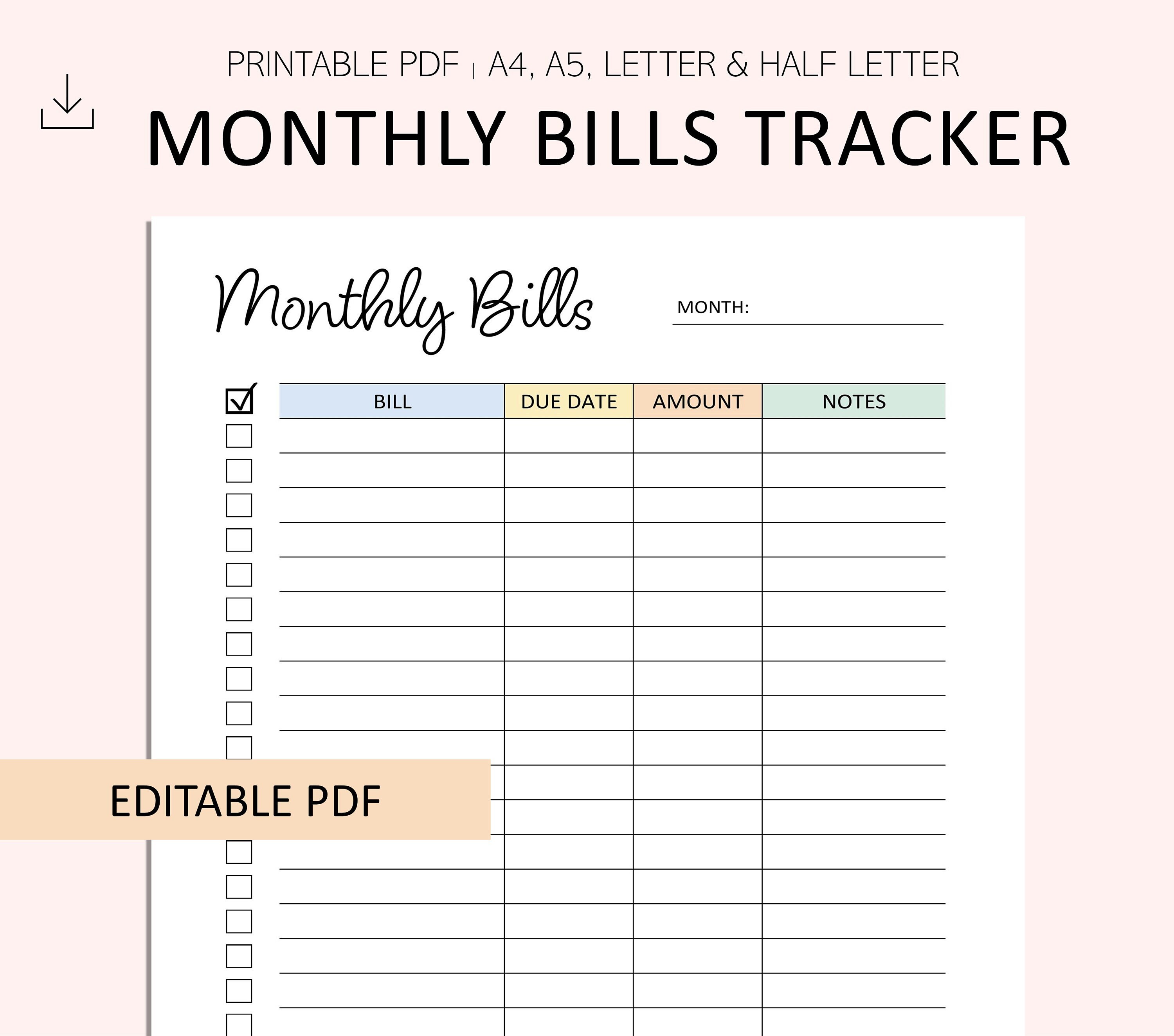 Monthly Bill Tracker Printable -editable Payment Tracker - Bill Log ...