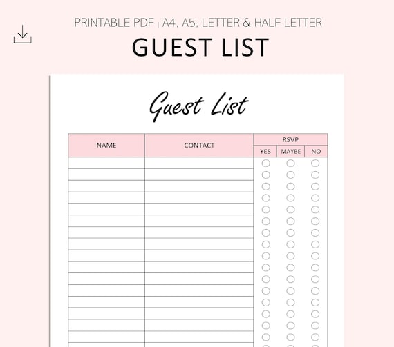 Guest List Event List Printable Event RSVP Tracker Party | Etsy UK