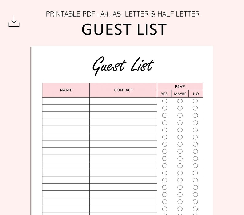 Guest List - Event List Printable - Event RSVP Tracker - Party ...
