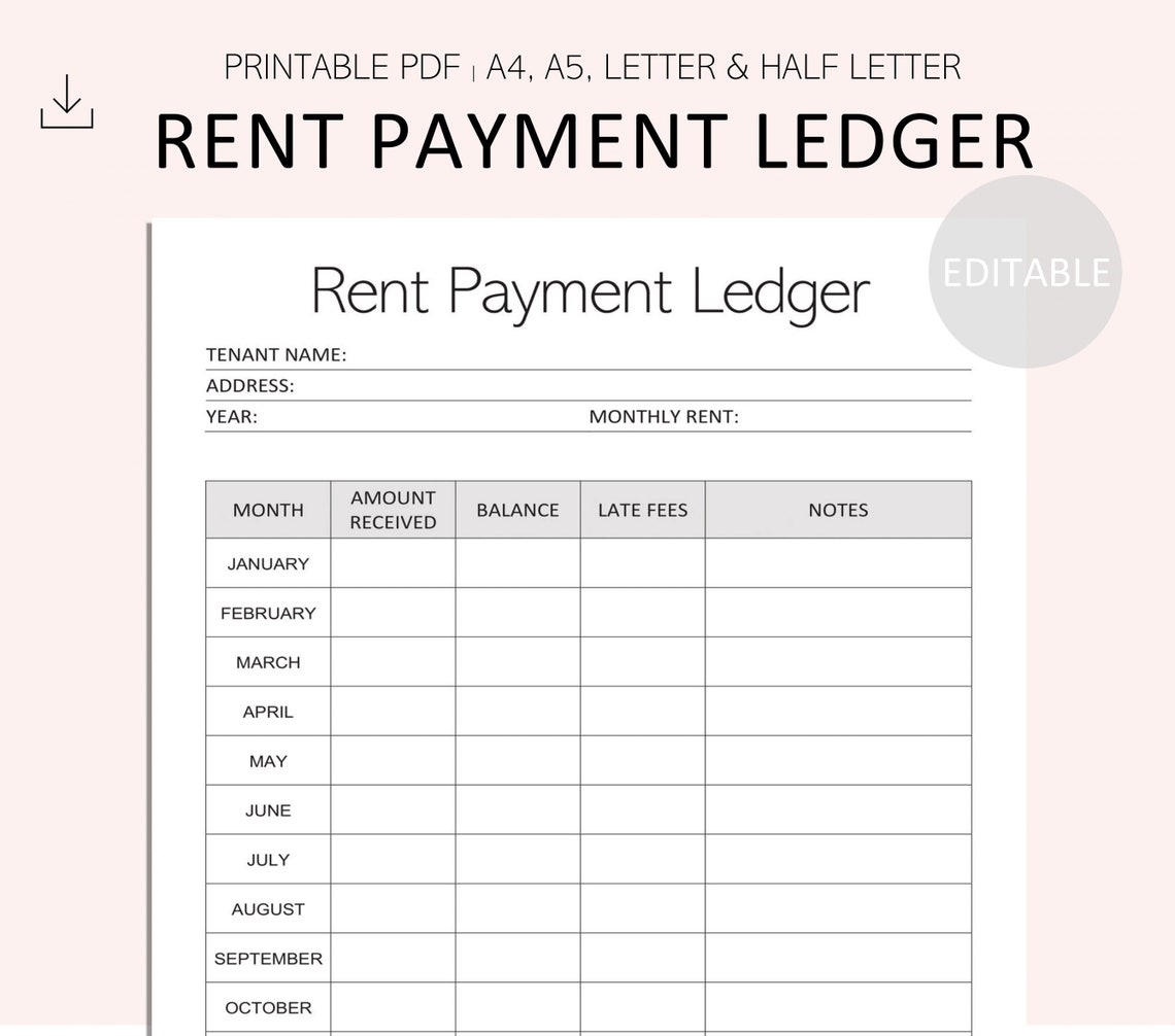 Editable Rent Payment Ledger Printable Tenant Payment Tracker Rent