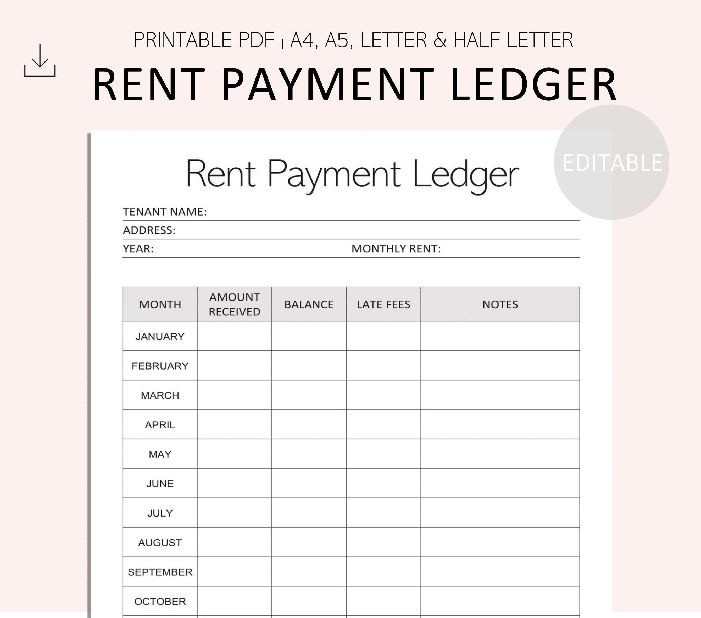 Editable Rent Payment Ledger Printable Tenant Payment Tracker Rent 