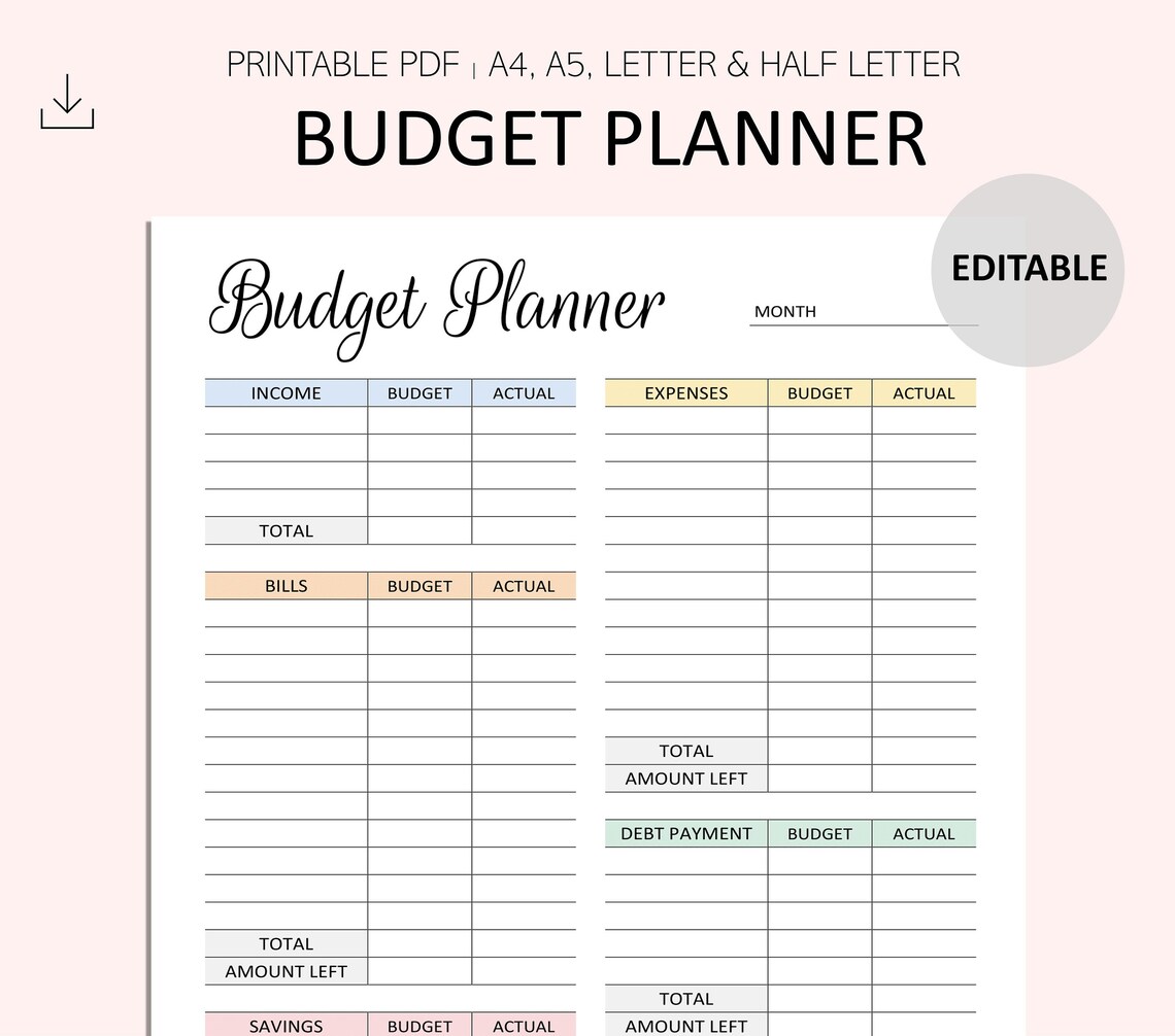 Editable Budget Planner Monthly Income and Expense Tracker Budget ...