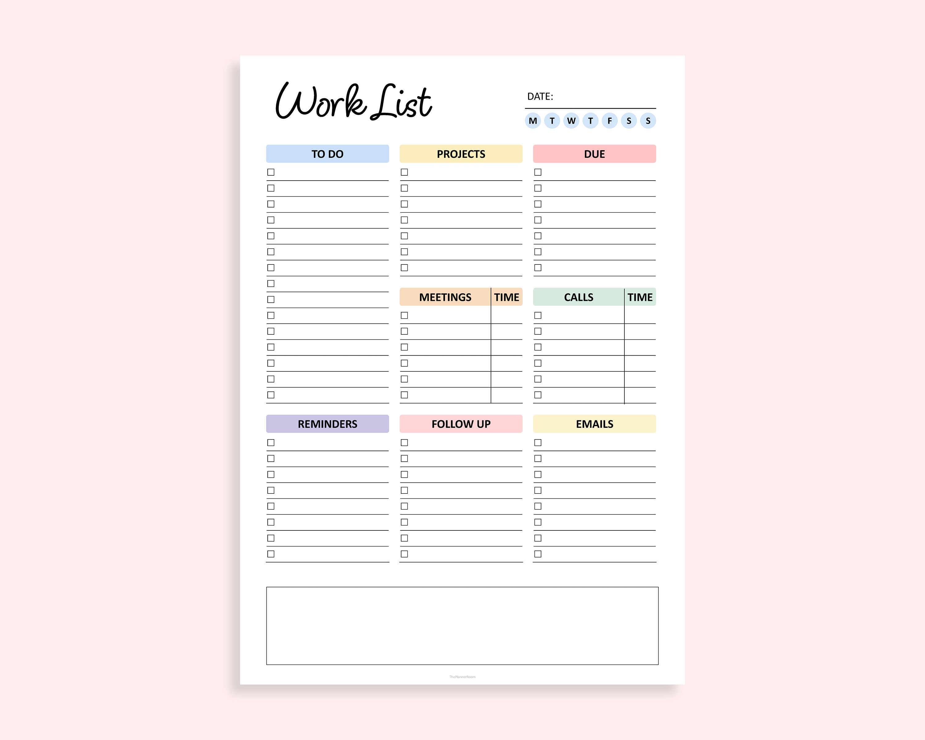 Work Task List Work Planner Work Day Checklist Office Organizer Office ...