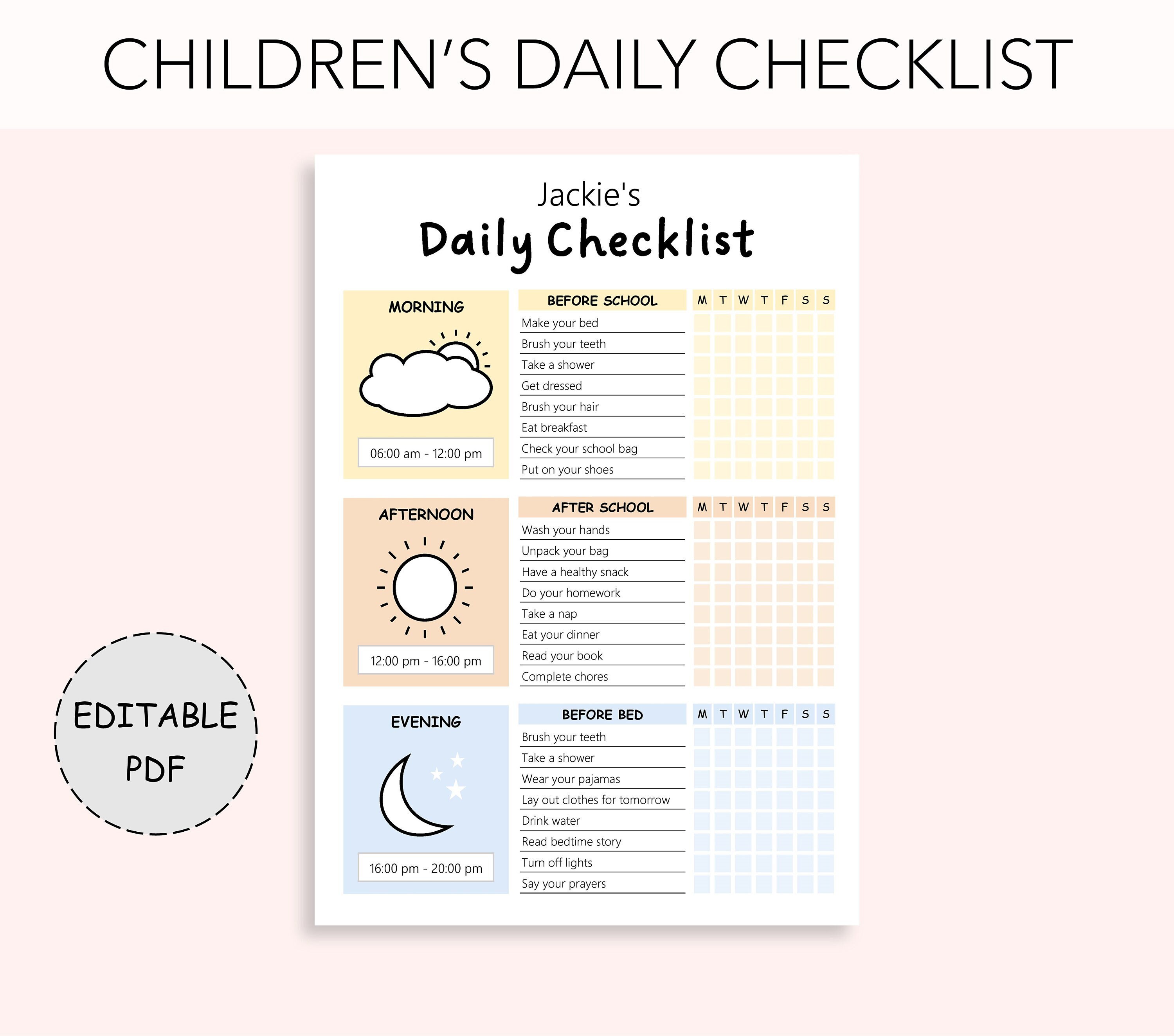 Editable Children's Daily Checklist School Day Checklist Responsibility ...