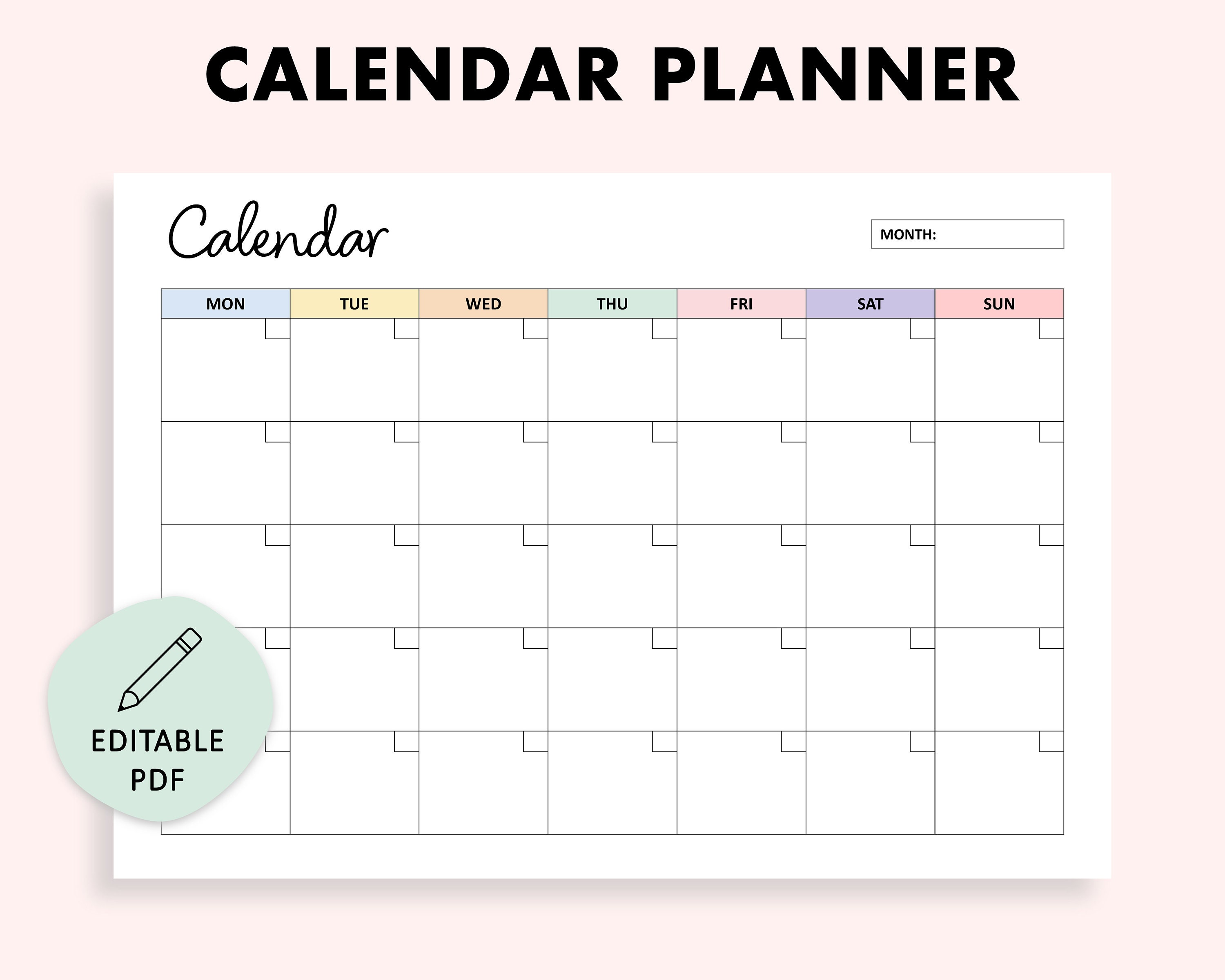 Horizontal Calendar Planner Editable Calendar Printable Month Planner ...