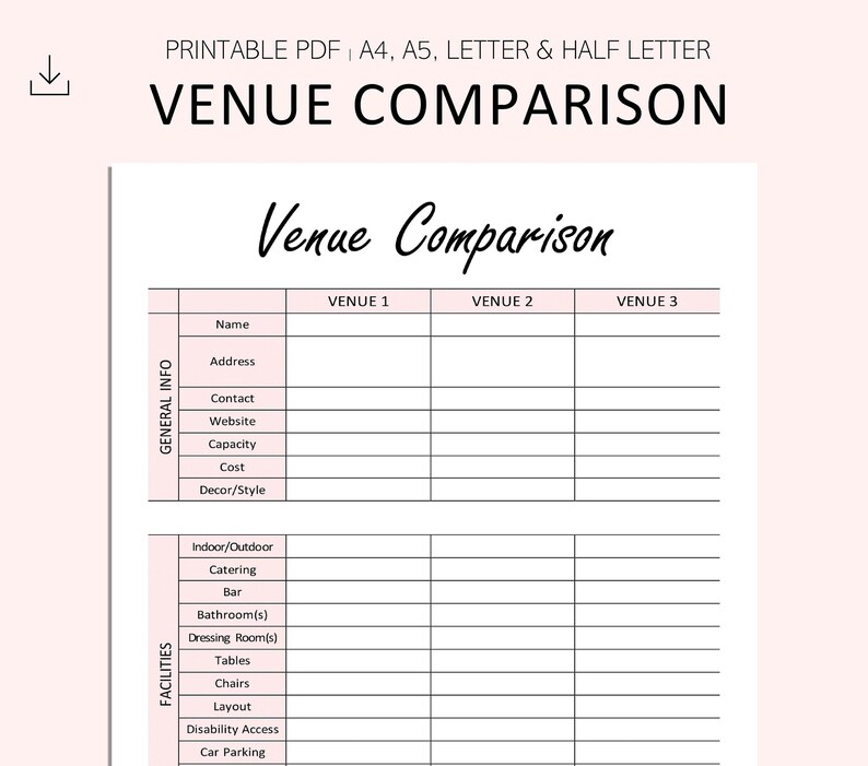 Venue Comparison Printable - Event Planning - Venue Details - Venue ...