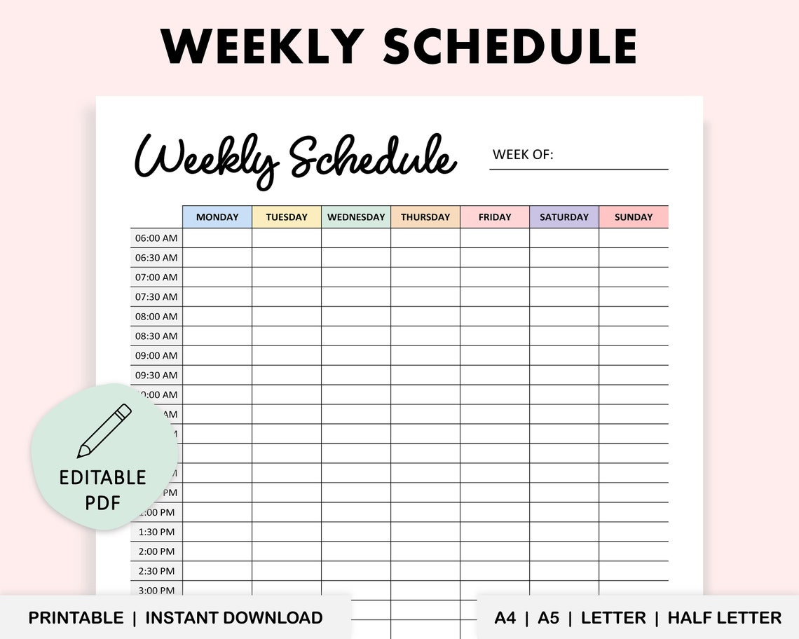 Horizontal Weekly Schedule Weekly Plan Half Hour Weekly Planner ...