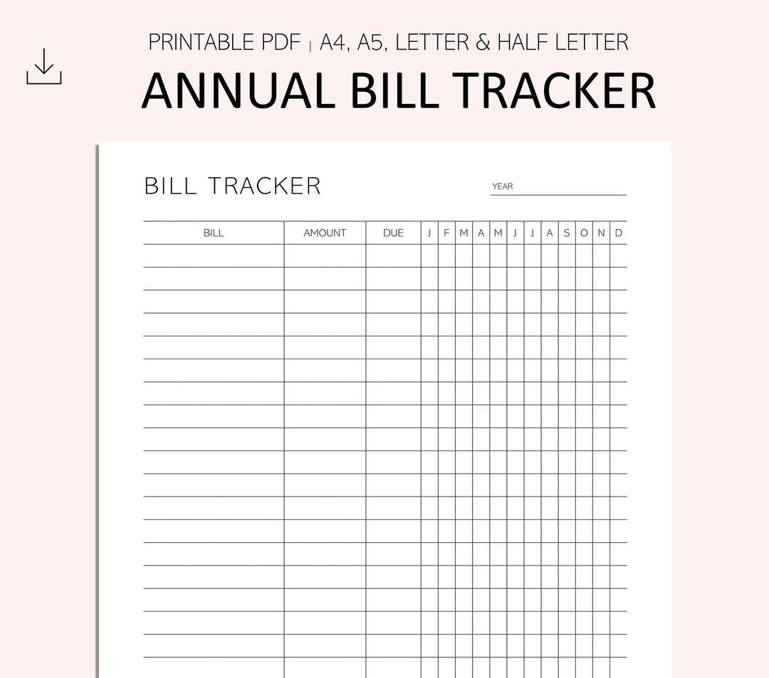 Annual Bill Tracker Bill Log Printable Year Bill Printable PDF A4 A5 ...
