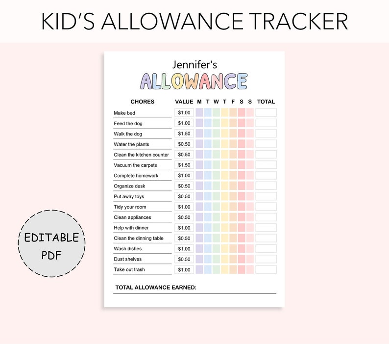 Editable Allowance Tracker for Kids Printable Allowance Chore Chart ...
