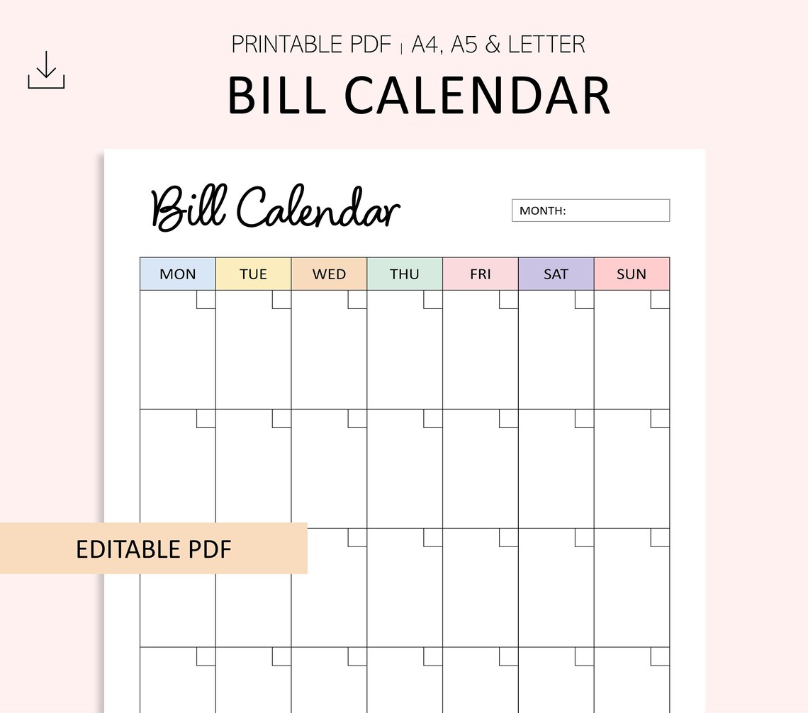 Editable Bill Calendar Bill List Monthly Bill Dates Expense Calendar ...