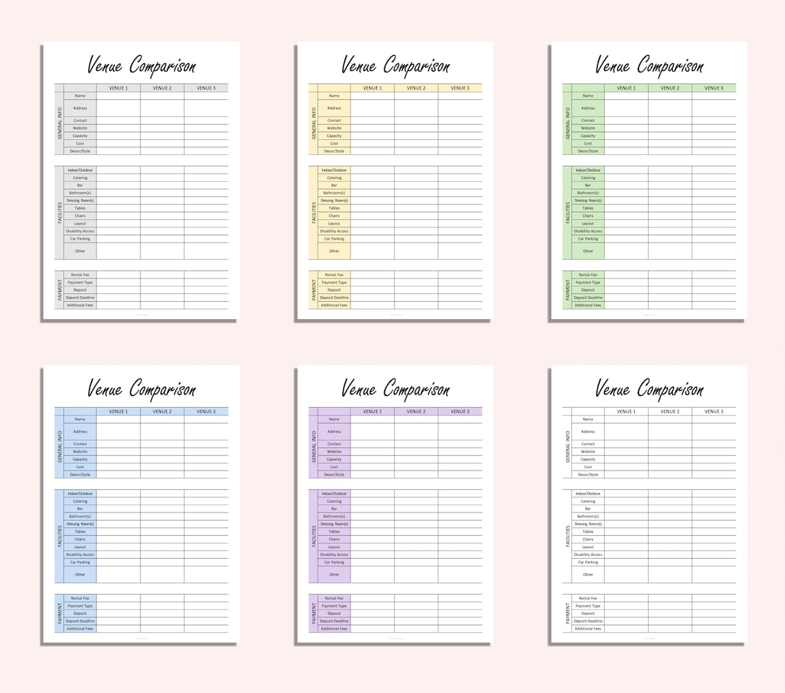 Venue Comparison Printable Event Planning Venue Details - Etsy