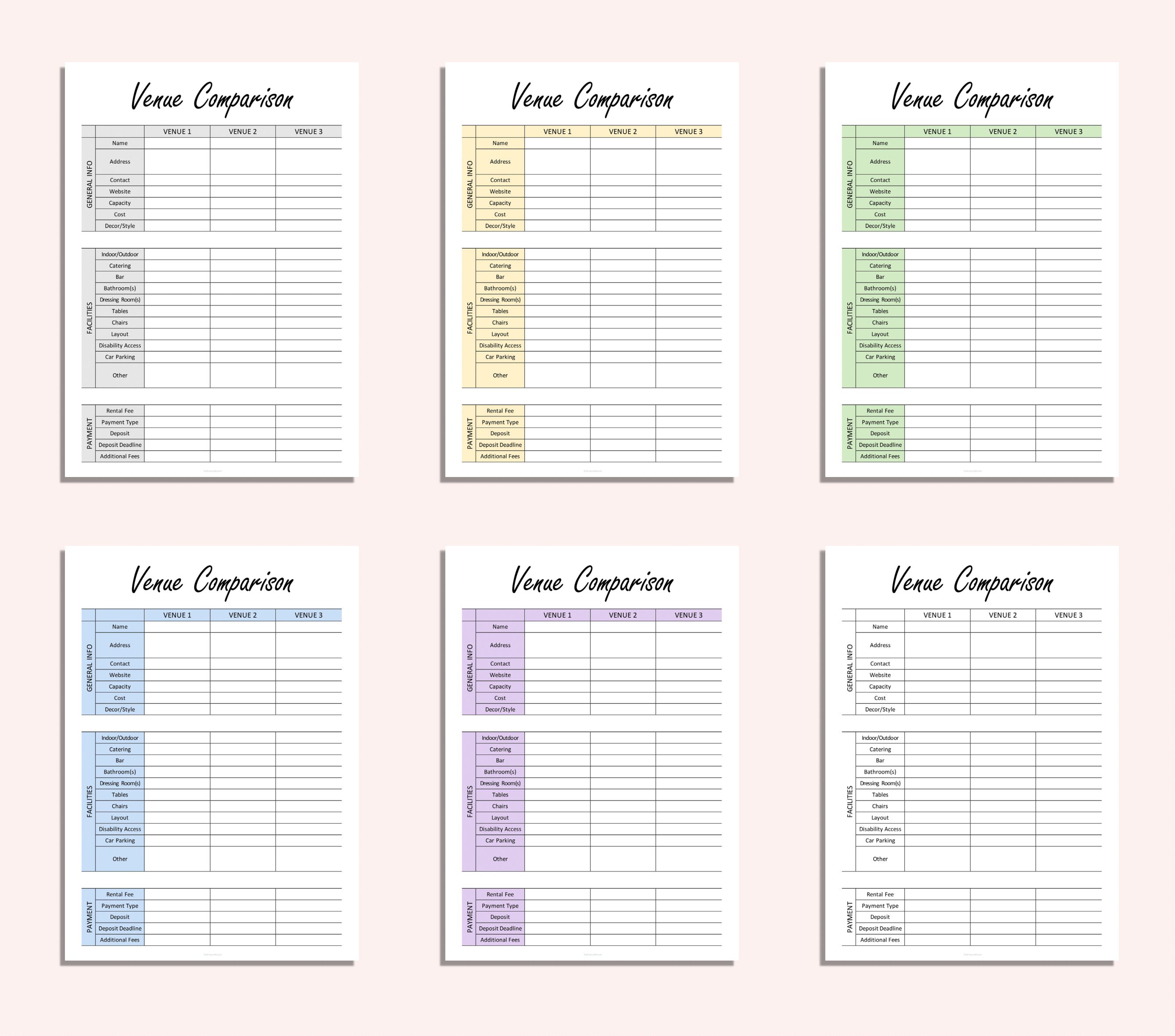 Venue Comparison Printable - Event Planning - Venue Details - Venue ...