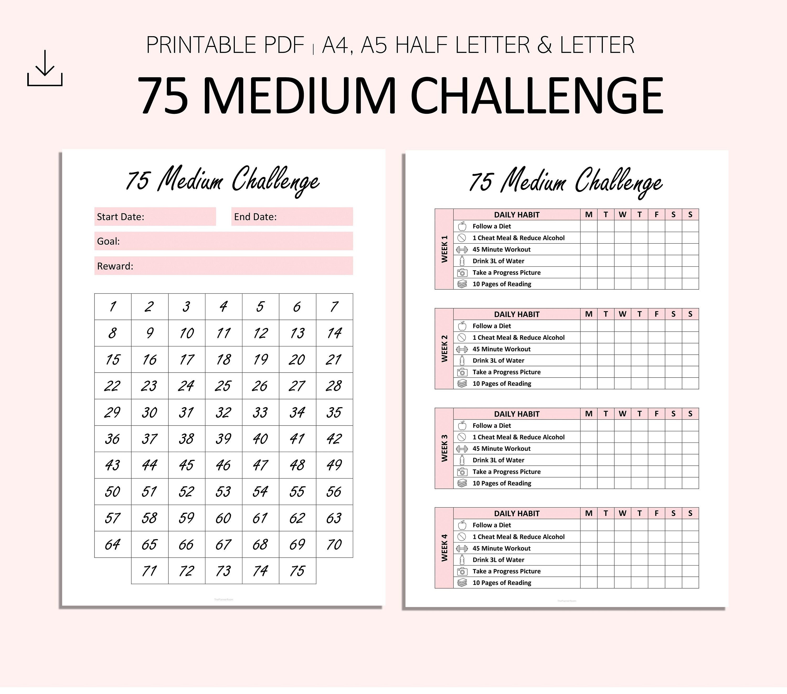 75 Medium Challenge Tracker Day Challenge Printable Weight 60 OFF